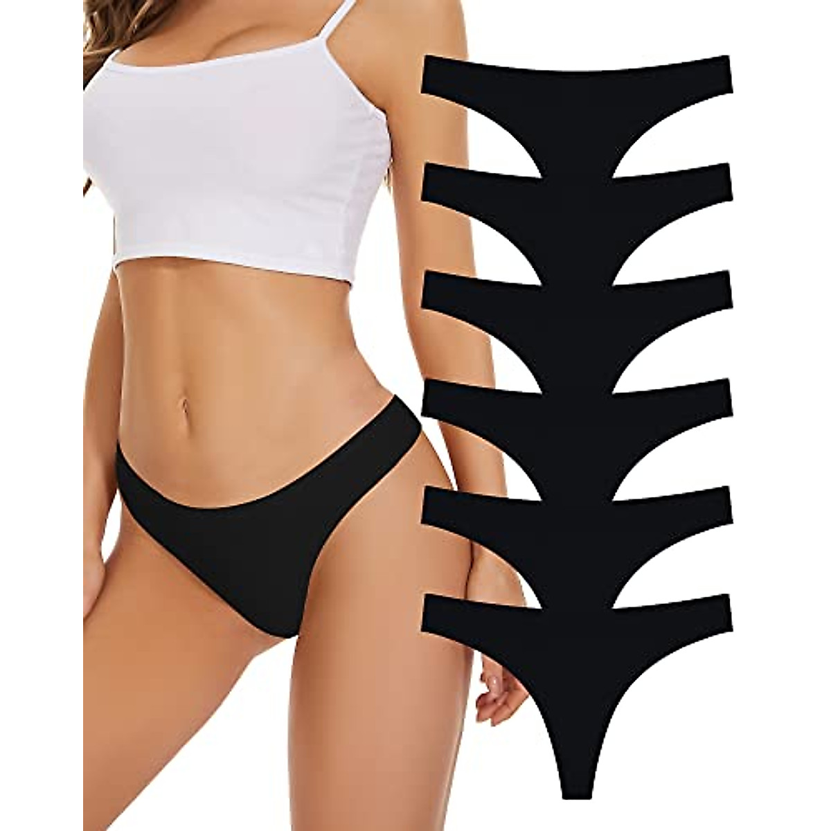 Sunm Boutique 6 Pack Seamless Thongs for Women No Show Thongs Nylon Stretch Thong Panties Underwear Black XS-XXL