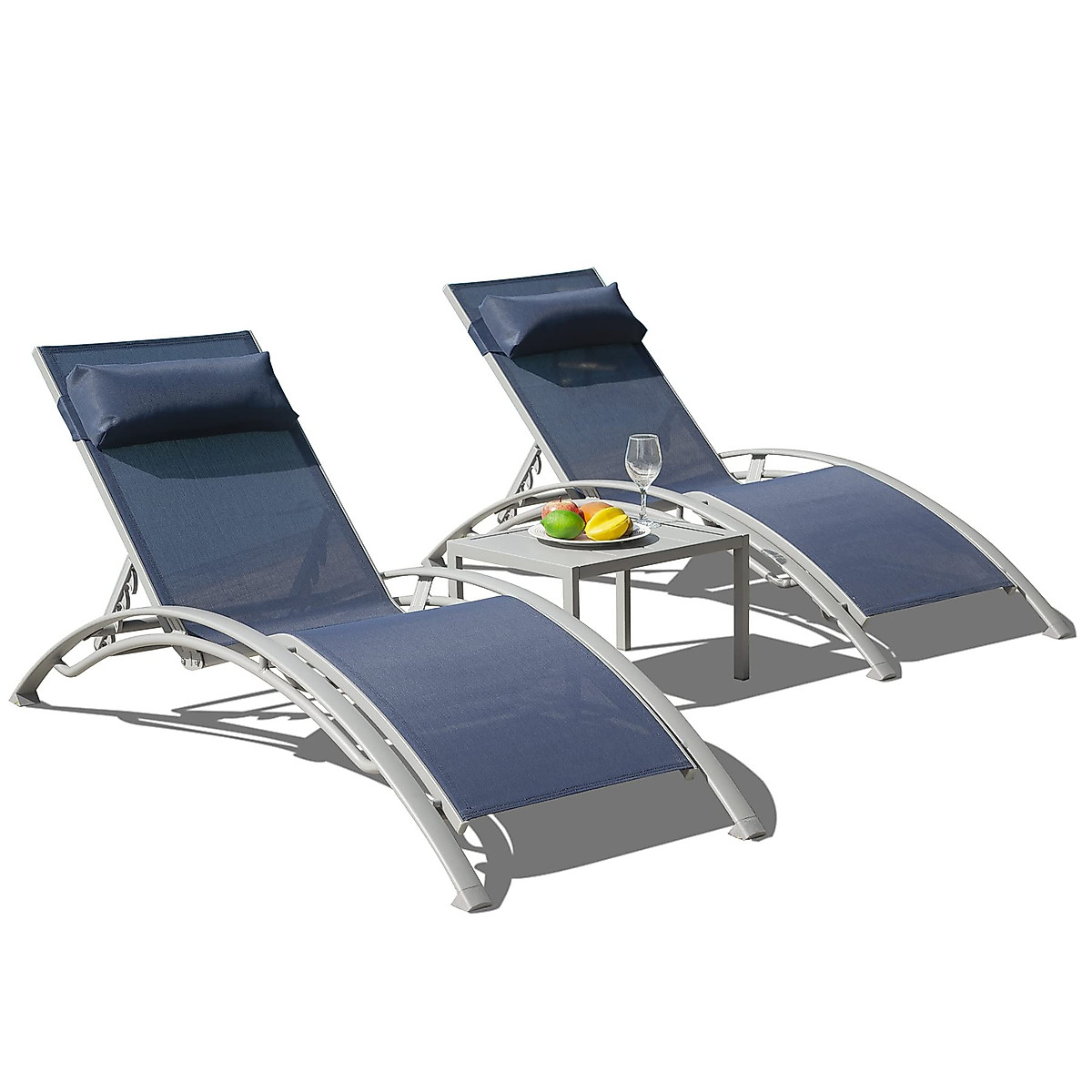Domi Pool Lounge Chairs Set of 3, Adjustable Aluminum Outdoor Chaise Lounge Chairs with Metal Side Table, All Weather for Deck Lawn Poolside Backyard -Navy Blue Textilene