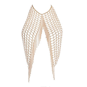 Foyte Sexy Pearl Tassels Body Chains Summer Bikini Gold Body Chain Beach Bra Body Chain Sparkly Body Accessorices for Women and Girls (Pearl)