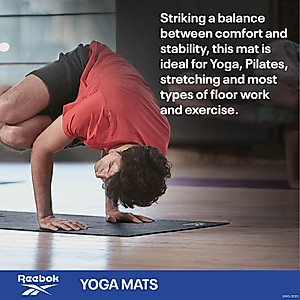 Reebok Yoga Mat - 4mm Thick Lightweight, Compact, Rollable, and Cushioned Supportive Workout Mat for Yoga, Pilates, and General Exercise & Fitness - Non Slip Yoga Mat with Grippy Texture - Black