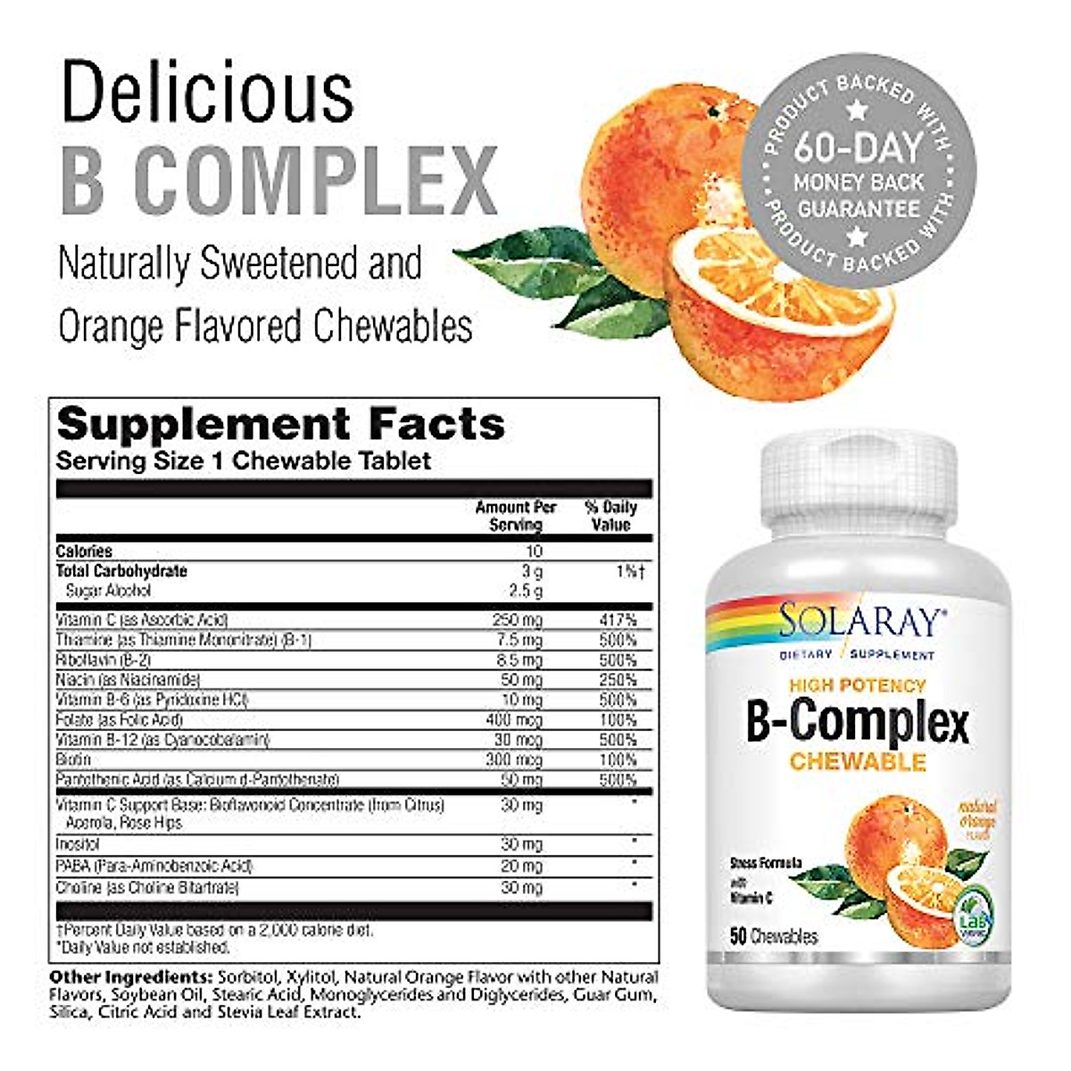 SOLARAY Vitamin B-Complex 250mg Natural Orange Flavor | Healthy Hair, Skin, Immune Function & Metabolism Support | Lab Verified | 50 Chewables