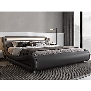 Allewie Full Size LED Platform Bed Frame with Adjustable Headboard/No Box Spring Need/Easy Assembly/Faux Leather in Grey