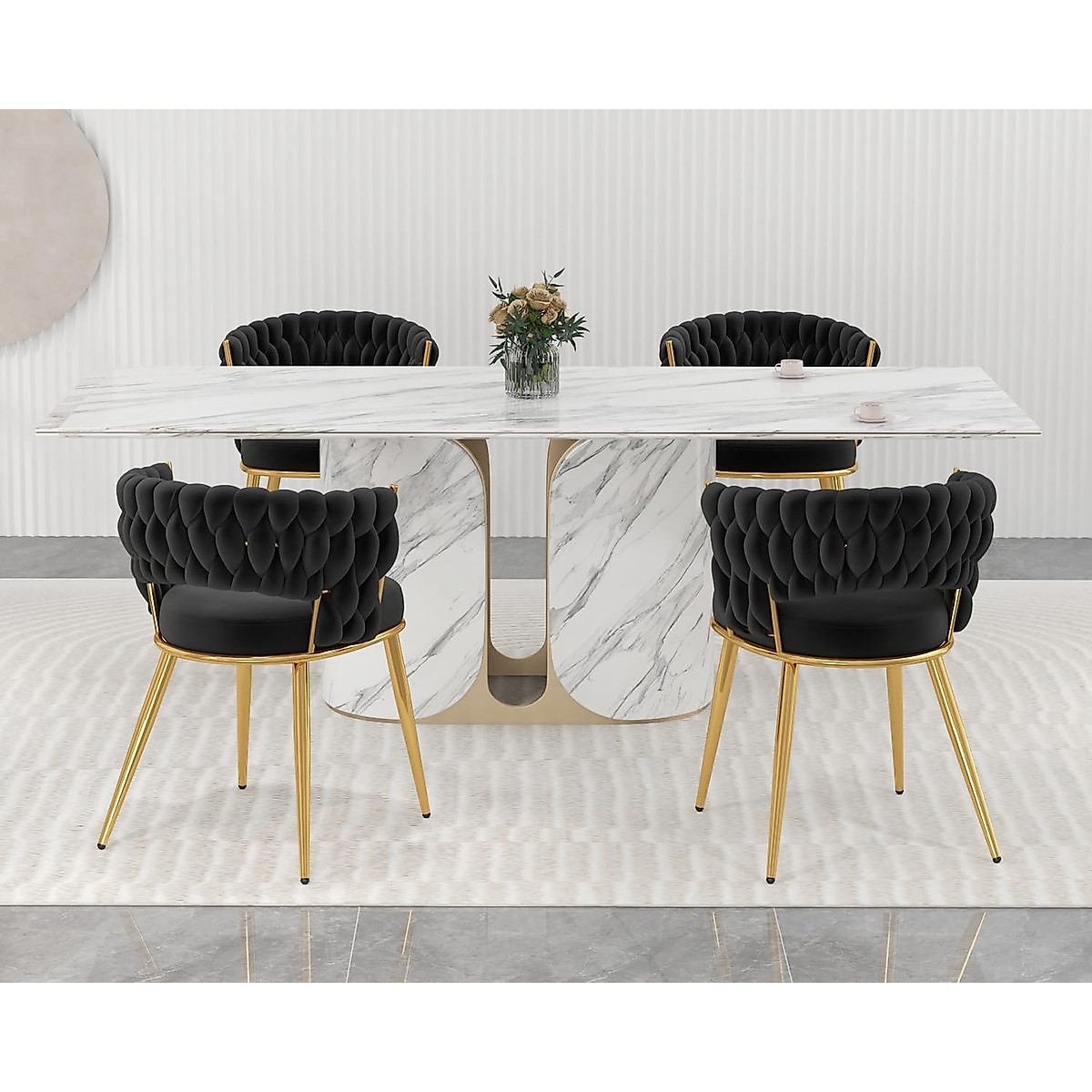 KCC Velvet Dining Chairs Set of 2, Gold Modern Dining Chair with Metal Legs, Woven Upholstered Dining Chairs for Dining Room, Kitchen, Vanity, Living Room (Black)
