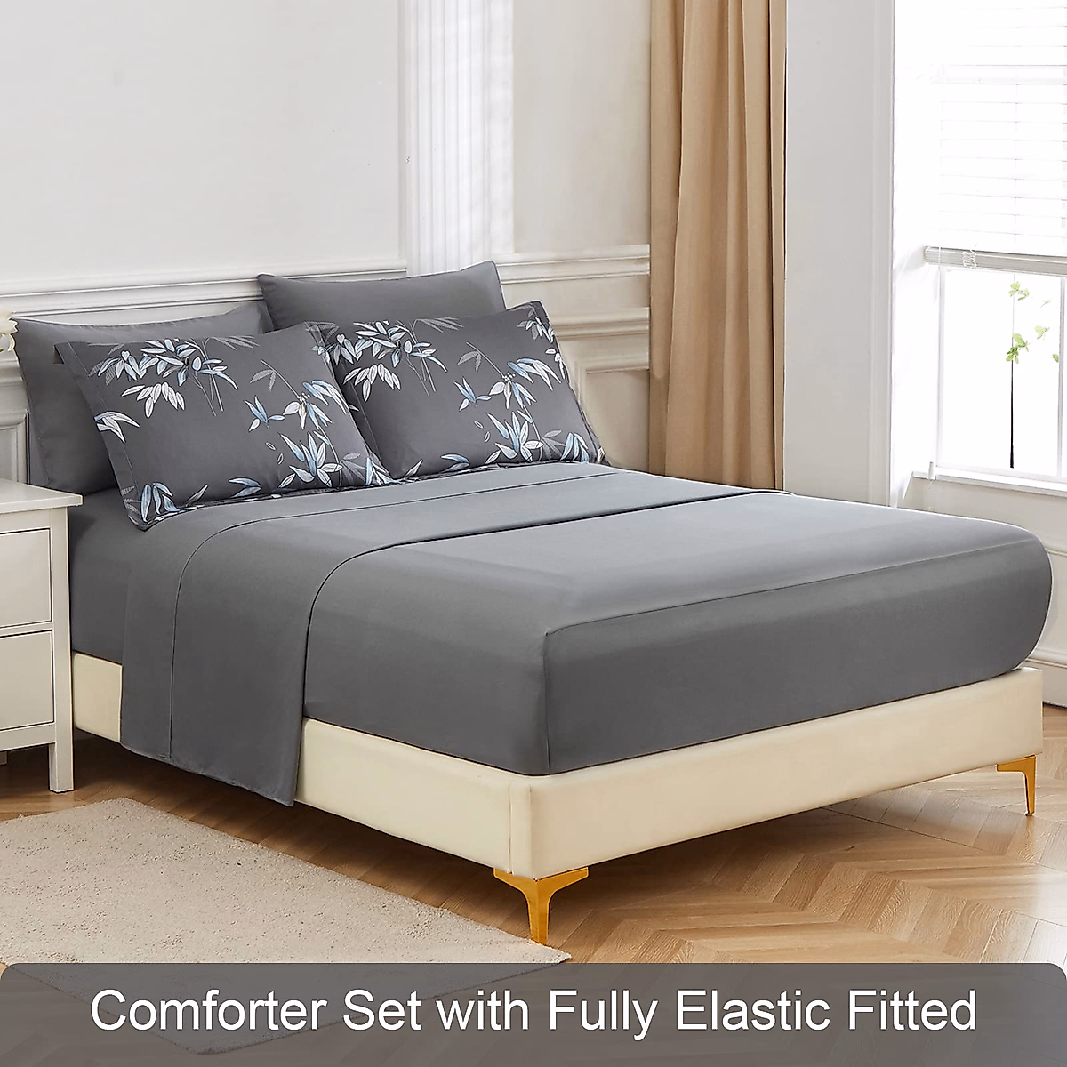 LXWORX Comforter Set King Size - 7 Pieces Bed in a Bag, Bedding Set, Soft Lightweight Grey Comforter Sets with Sheets and Pillows (Grey,King)