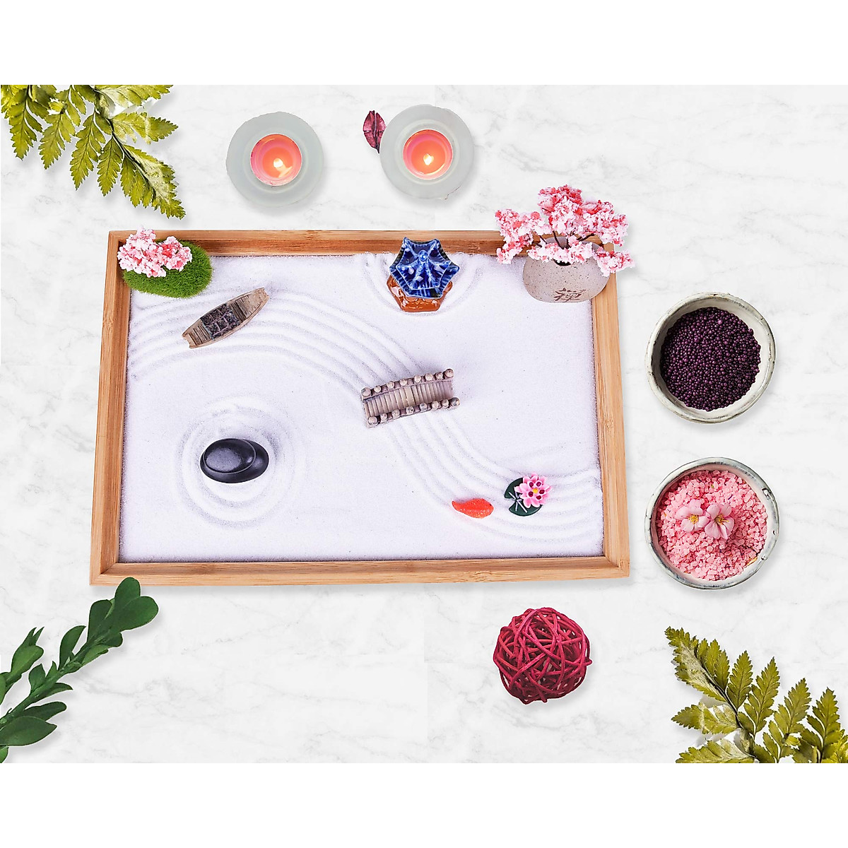 Japanese Zen Garden - Home & Office Desk Mini Garden with Rock Vase Fish Bridge Boat Cherry Trees - Meditation Gift Set for Relaxation - 3 Rake Tools and Zen Accessories (Rectangular)