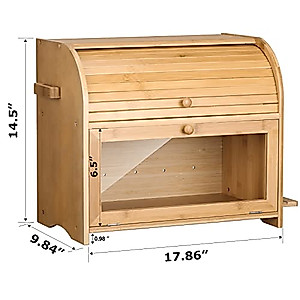 HOMEKOKO Double Layer Large Roll Top Bread Box for Kitchen Counter, Retro Design Wooden Large Capacity Bread Storage Bin (Natural)