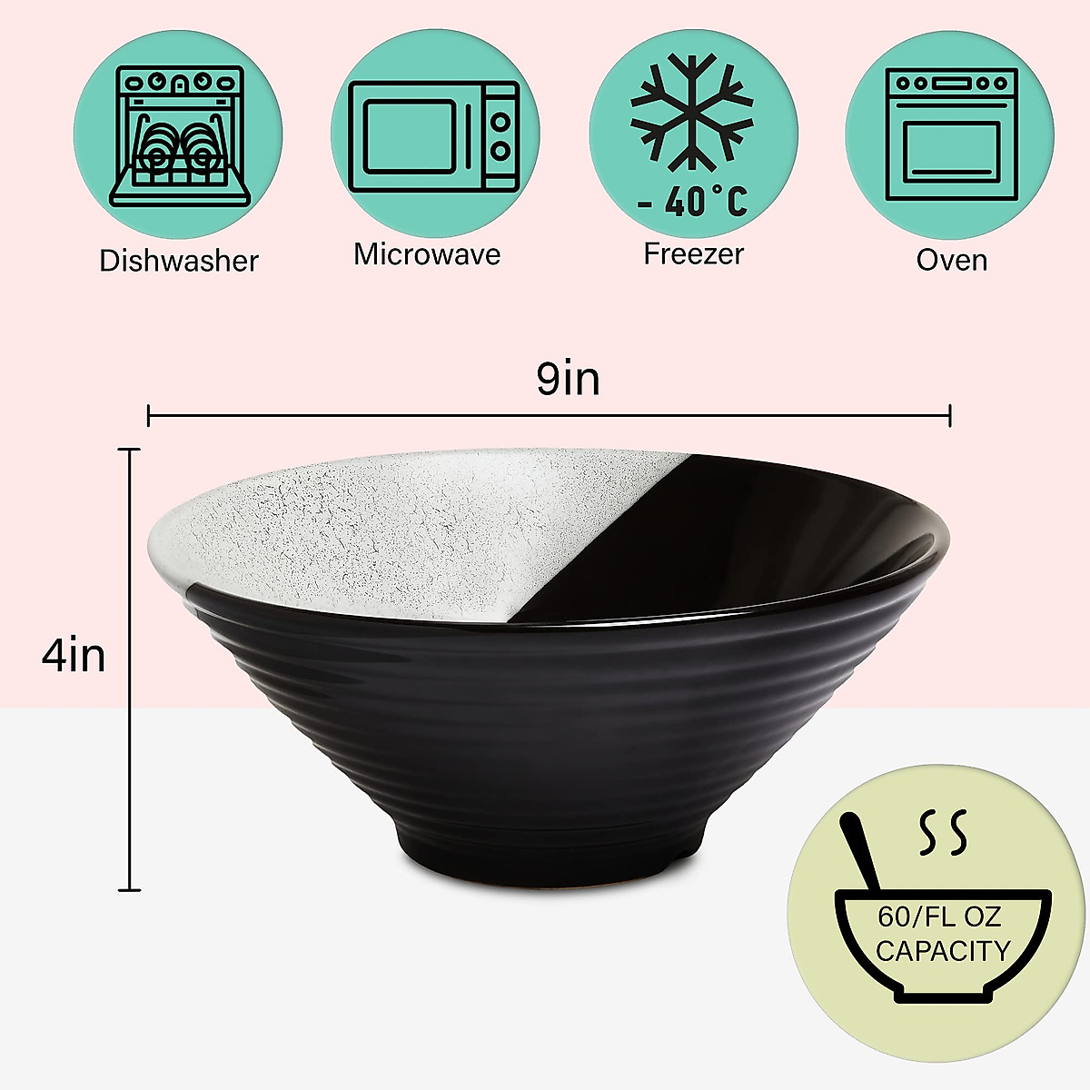 Superly Ceramic Ramen Bowl Set - Japanese Noodle Bowl with Chopsticks and Spoon - Large 60 Oz Bowls - Cute Asian Bowls for Udon, Vietnamese Pho - Soup Bowl with Unglazed Bottom and Screw Thread Design