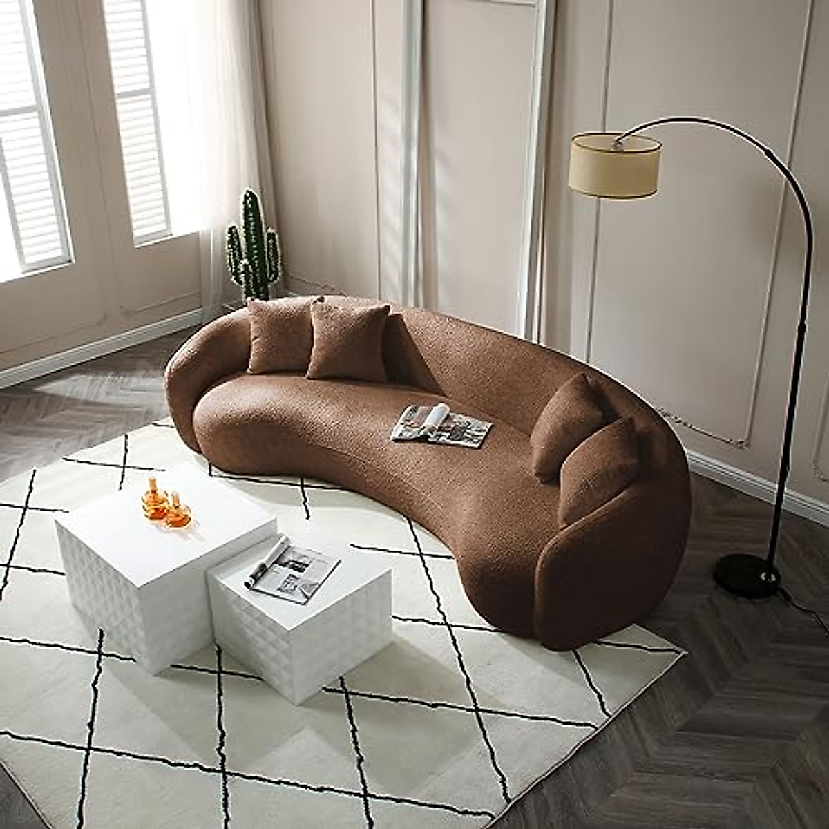 ERYE 102" 5 Seats Teddy Fleece Boucle Curved Sofa, Modern Half Moon Comfy Sectional Leisure Couch, Beautiful Freestanding Sofa&Couch for Living Room, Professionally Perfect Shape More Decorative