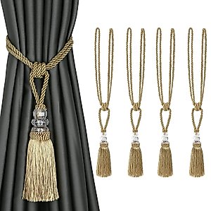 BEL AVENIR 4 Pack Curtain Hand-Woven Tiebacks Crystal Holdbacks Home Decorative Tassels (Golden, 4 Pack)