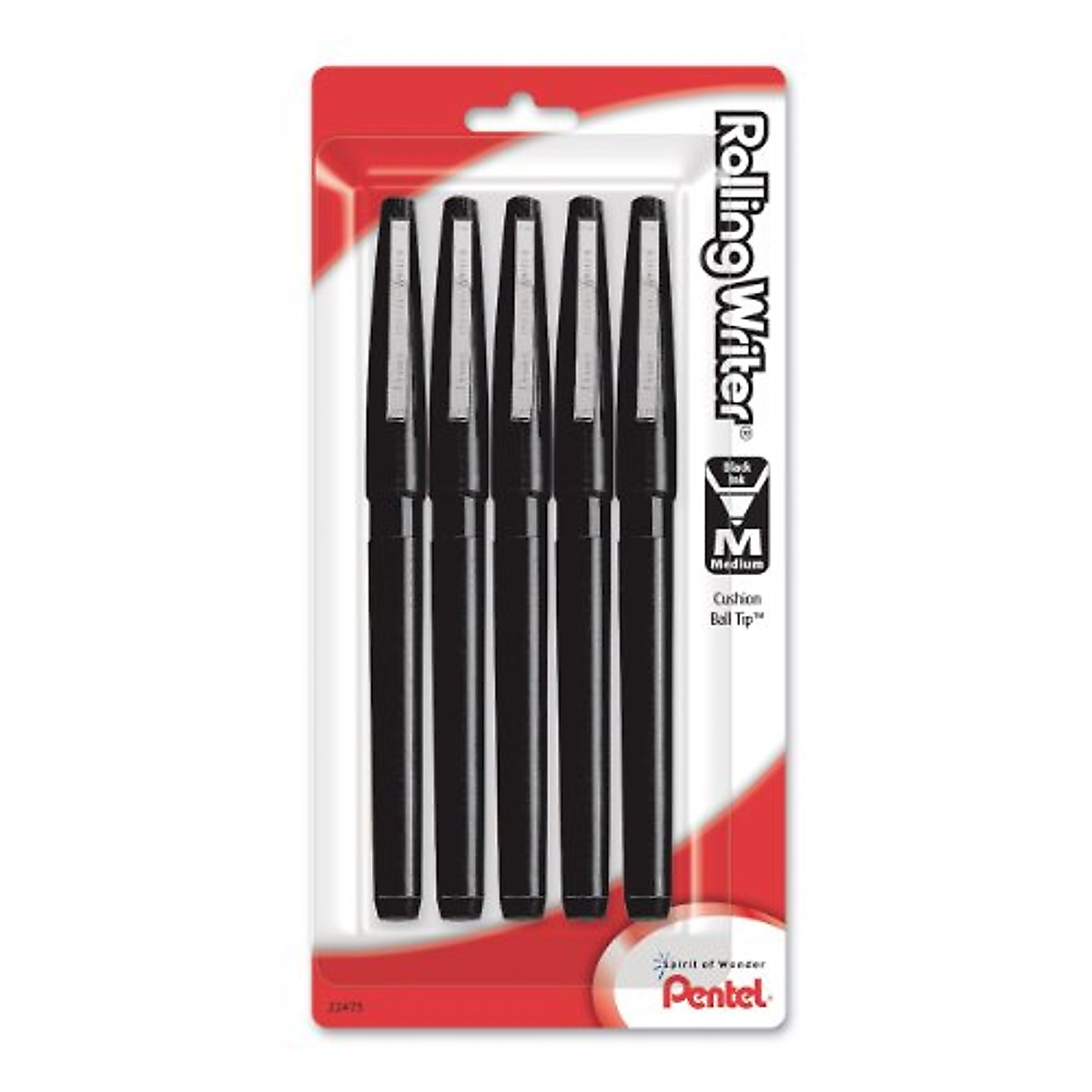 Pentel Rolling Writer Roller Ball Pen, Medium Line, Black Ink, Pack of 5 (R100BP5A)