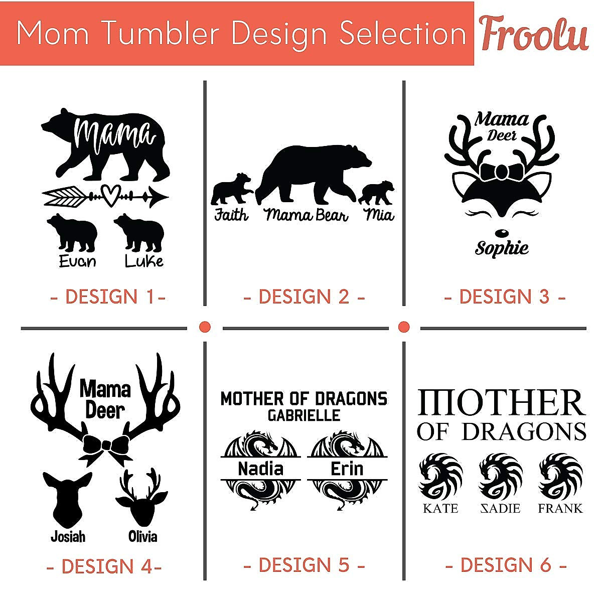 Froolu Personalized Tumblers Customized with Names - Travel Mug Gifts for Mom - Cute Mama Bear, Deer, Dragon Designs - Custom Coffee Cups Mother's Day, Christmas, Birthday Gift for Momma - Engraved