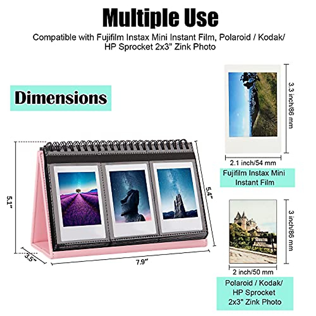 Instax Mini Photo Album for Fujifilm Instax Mini 11 12 9 40 Evo Liplay 8 7+ Instant Camera, 96 Pockets Desk Calendar Polaroid Photo Albums for Polaroid Kodak Zink 2x3" Film & Kpop Photo Card (Pink)
