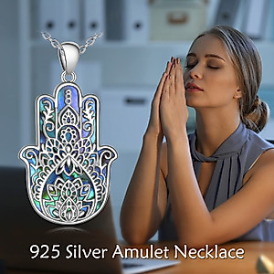 VONALA Hamsa Necklace 925 Sterling Silver Hand of Fatima Necklace Lotus Flower Pendant Good Luck Jewelry Gift for Women Men