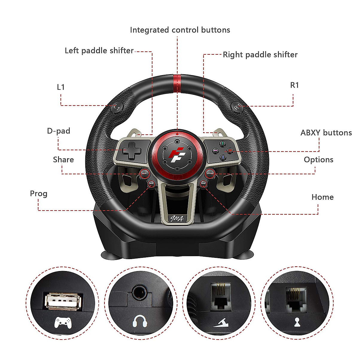 Bonacell Game Racing Steering Wheel, 270/900 Degree PC Gaming Wheel with Universal USB Port and with 2-Pedal Pedals, Suitable for PC, PS3, PS4, Xbox One, Nintendo Switch