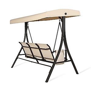 Patio 3-Seat Textilene Porch Swing, Outdoor Swing Glider with Stand and Adjustable Polyester Canopy (Beige)