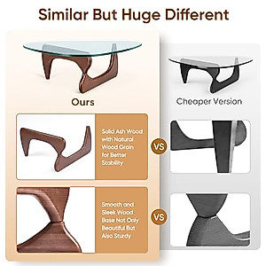 Rimdoc Triangle Coffee Table Modern Noguchi Vintage End Table, Solid Wood Base and Clear Glass Top Accent, for Living Room, Patio(Dark Walnut)