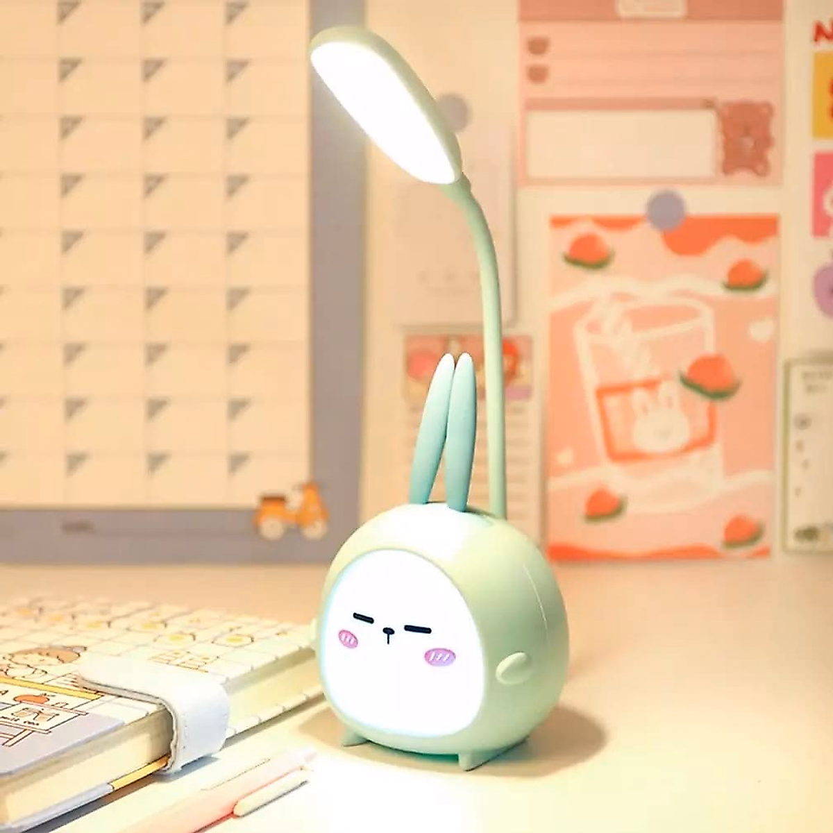 Portable LED Desk Lamp with Night Light Cute Bunny Foldable USB Charge Reading Light for Bedroom Kids Bedside Study (Green)