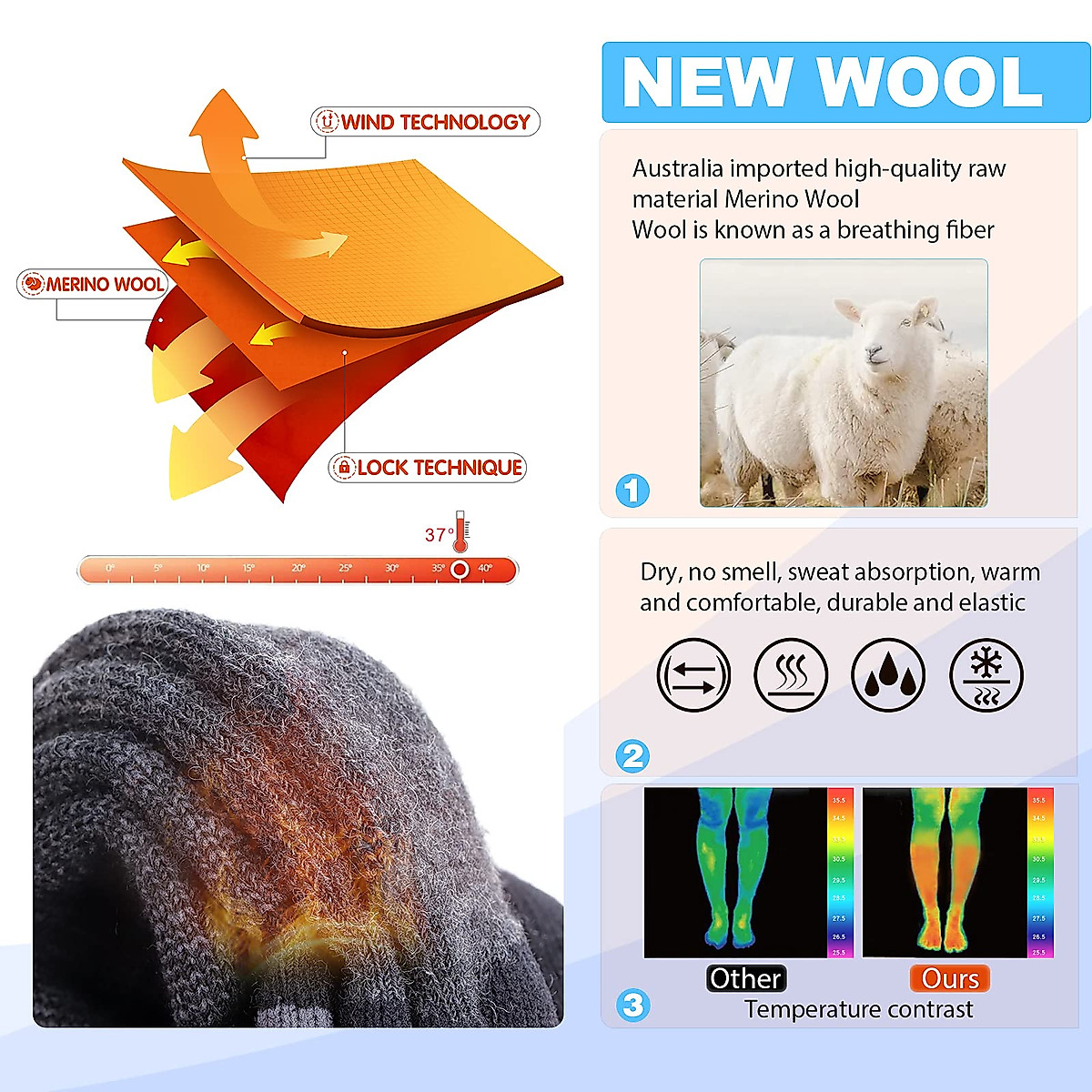 Hylaea Merino Wool Ski Socks, Cold Weather Socks for Snowboarding, Snow, Winter, Thermal Knee-high Warm Socks, Hunting, Outdoor Sports (2 Pairs (Grey Blue), X-Large)