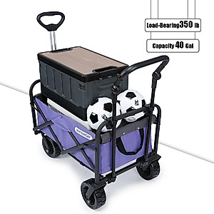 WHITSUNDAY Collapsible Folding Garden Outdoor Park Utility Wagon Picnic Camping Cart with Bearing and Brake 8" All Terrain Wheels with Push Bar (Purple)