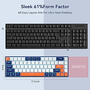 XISOGUU Wireless 61% Mechanical Keyboard, Modes BT5.0/2.4G/Wired, Backlit Ultra-Compact 68Keys Gaming Keyboard with Stand-Alone Arrow/Control Keys/Hot Swappable(White&Blue/Red Switch)…