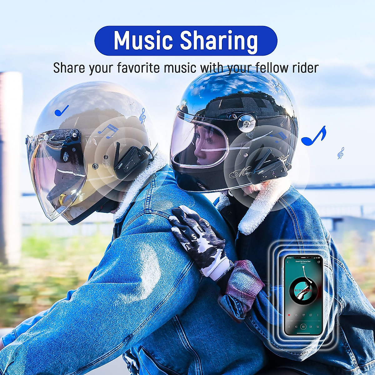 LEXIN MeshCom Motorcycle Bluetooth Headset, Mesh Group Helmet Communication System, Support Audio Multitasking/Music Sharing/Loud Speakers/IP67 Waterproof/Voice Assistant/FM Radio, Dual Pack