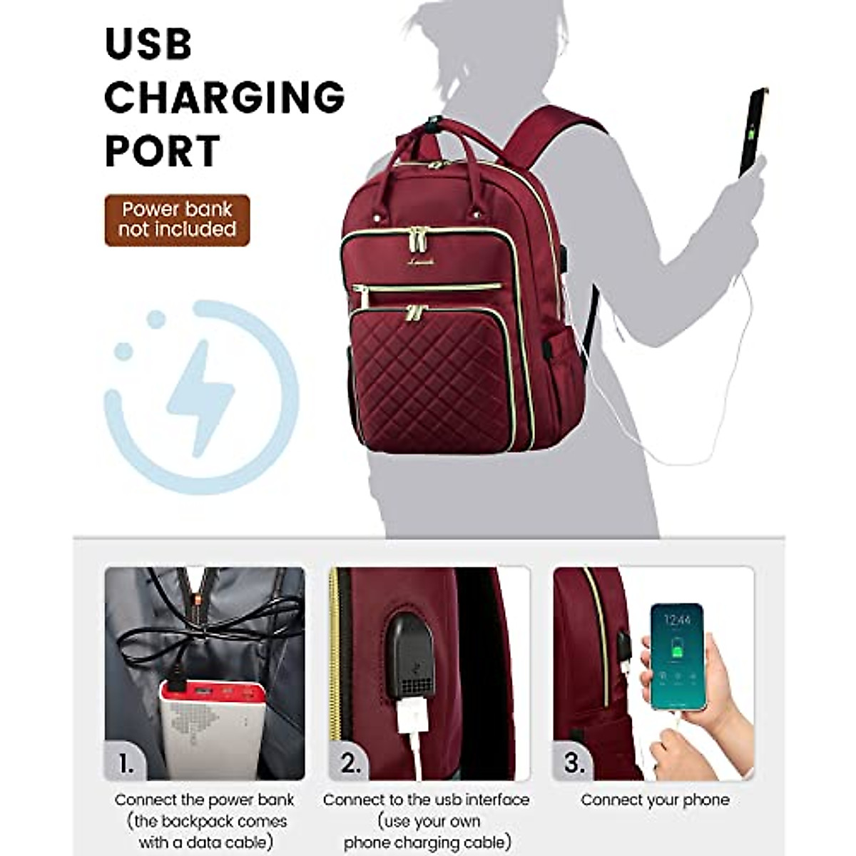 LOVEVOOK Laptop Backpack for Women, 15.6 Inch Computer Backpack for Teacher Nurse with Water Resistant, Lightweight Travel Work Backpack with USB Charging Port, Quilted Commuter Backpack purse, Wine