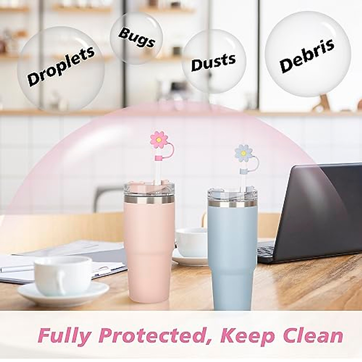 [12 Pack] Straw Cover Cap 10MM for Stanley Cup Adventure Quencher 40oz, Reusable Silicone Stopper tips for Stanley Tumbler 30oz, 20oz,12oz Accessories, Fits 10mm/0.4 inch Drinking Straws (Flowers)