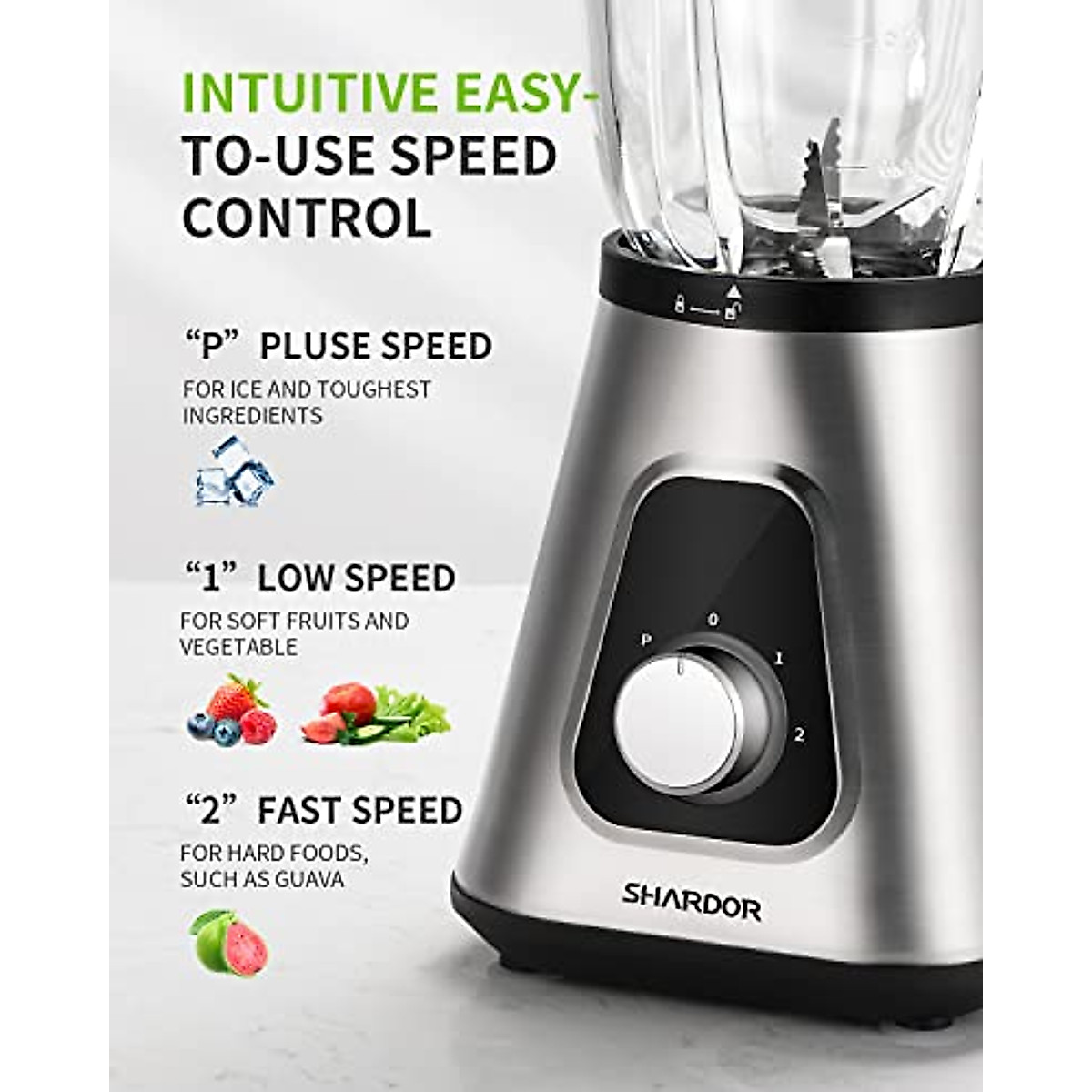 SHARDOR Countertop Blender 2.0 for Shake and Smoothies with 1200W, with 52oz Glass Jar, 3 Adjustable Speed Control + 22oz Travel Cup for Frozen Fruit Drinks, Smoothies, Sauces & More, Sliver