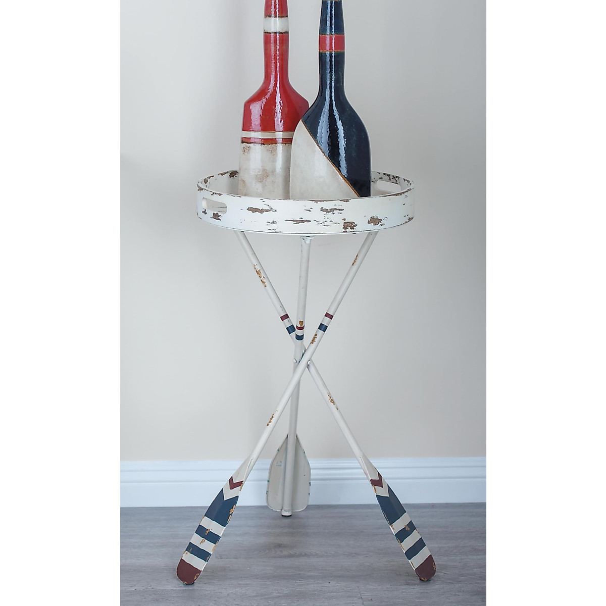 Deco 79 Metal Paddle Side End Accent Table Distressed Striped End Table with Navy and Red Striped Oar Legs, Side Table 16" x 16" x 28", White