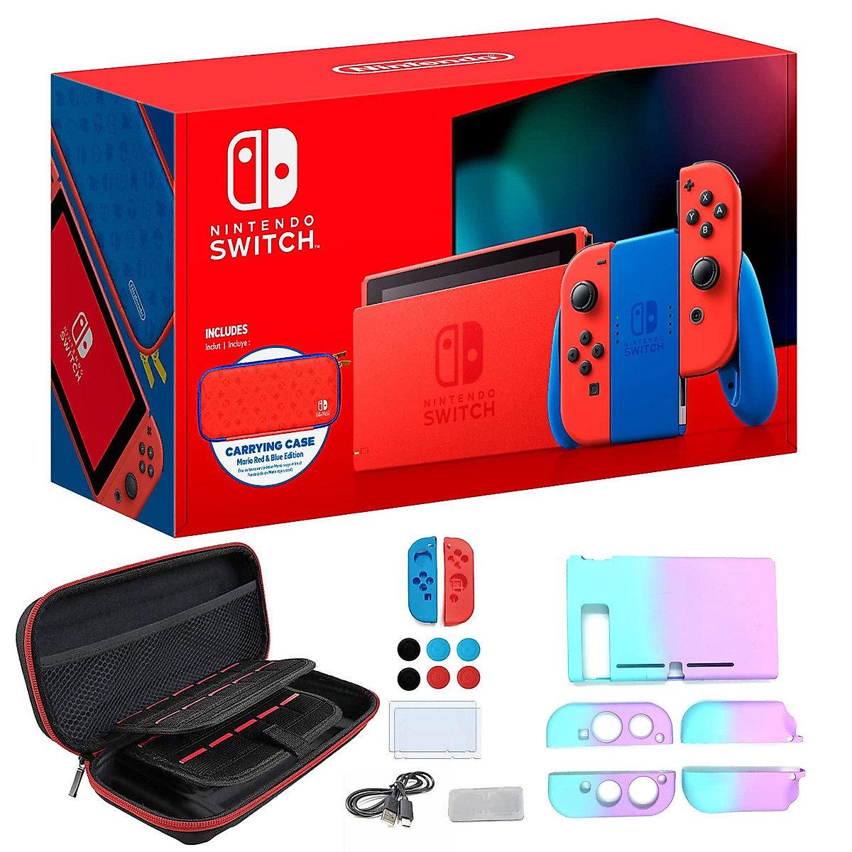 Nintendo Switch Mario Red & Blue Edition with Red Joy-Con, Blue Dock - 6.2" Touchscreen LCD Display, 32GB Internal Storage, 802.11AC WiFi, Bluetooth 4.1, Type-C - 7-in-1 Carrying Case