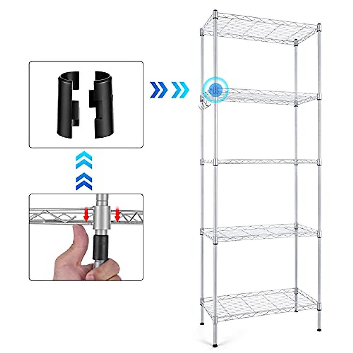 AMZOOM 5-Tier Steel Wire Shelving Unit, Adjustable Metal Shelves, Stainless Steel Storage Rack with Hooks and Leveling Feet, Suitable for Living Room Bathroom Garage Kitchen Pantry (Silver)