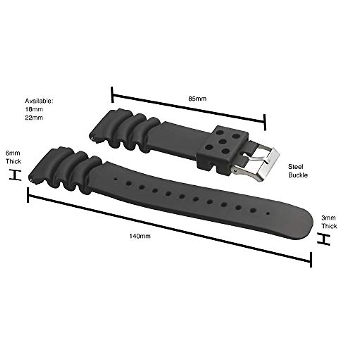 STUNNING SELECTION ALPINE Heavy Duty Black Rubber Watch Band for Diver Watches for Wider wrist ONLY (Fits wrist sizes 7 1/2 to 9 inch) - 22XL, BLACK
