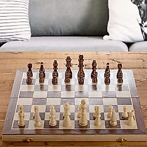 15'' Magnetic Wooden Chess Set Folding Board, Handmade Portable Travel Chess Board Game Sets with Game Pieces Storage Slots Beginner Chess Set for Kids and Adults - 2 Extra Queens