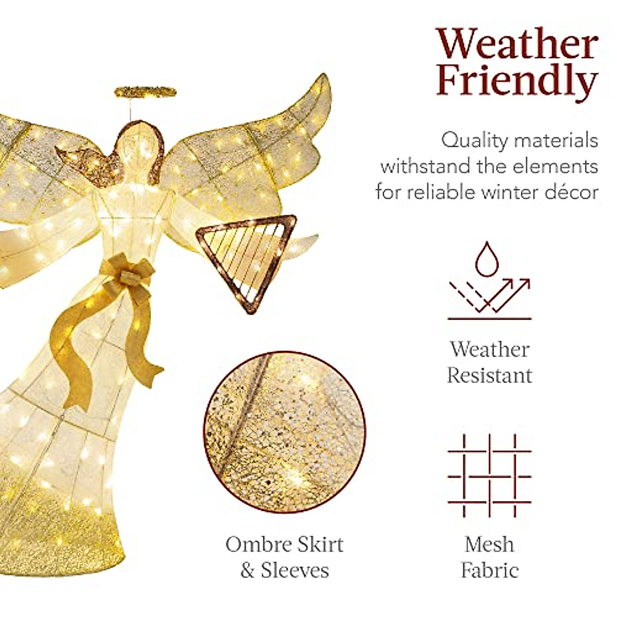 Best Choice Products 5ft Lighted Outdoor Angel Christmas Decoration, Pre-Lit Winged Holiday Figure for Lawn w/ 140 LED Lights, Harp, Bow, Halo, Zip Ties, Ground Stakes