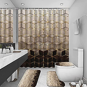LQCOOL 4Pcs Brown Gradient Shower Curtain Set, Modern Geometric Shower Curtain Set Golden Cubic Lines Bathroom Set Texture Art Bath Accessories with Mats