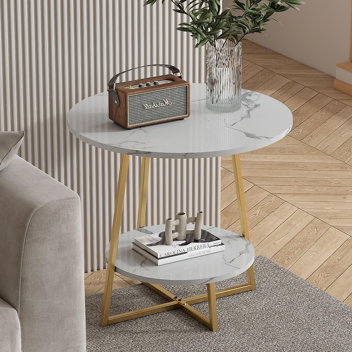 Lamhorm 2 Tier Small Round Side Table, Wooden End Table with Storage Shelf, Modern Coffee Table with Gold Metal Frames for Living Room, Bedroom and Any Small Spaces 22.8”