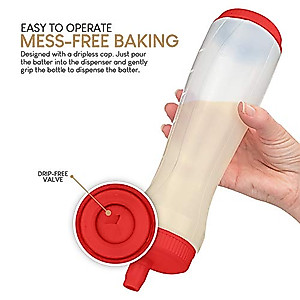 Pancake Batter Dispenser Pen, Easy Squeeze Bottle Baking Drip Proof Silicone Nozzle and Measurement Marker Plastic Condiment Bottles Pancakes, Waffles, Crepes, by Exultimate (Red, 3 Cups)