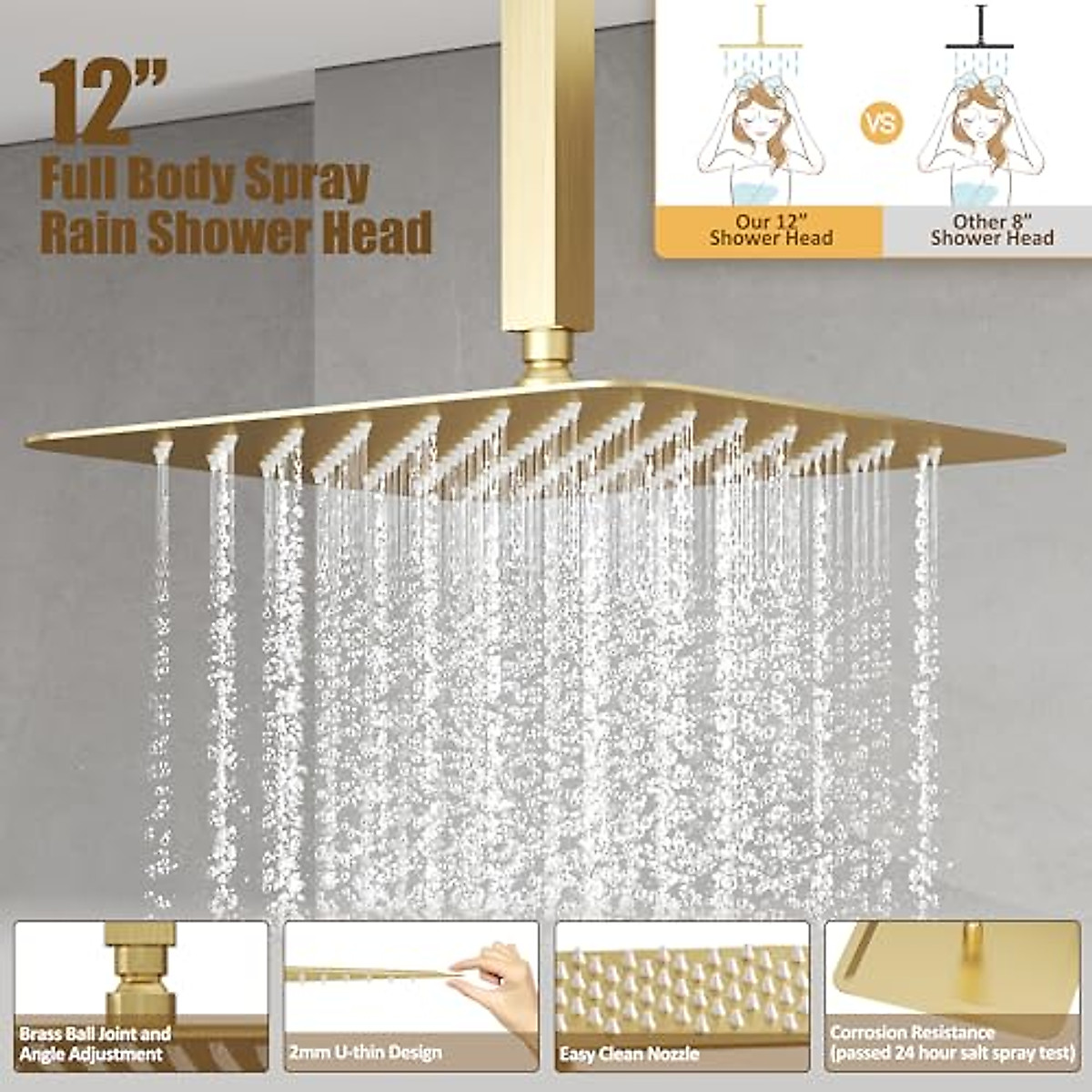 ESNBIA Shower System, Luxury 12 Inches Rain Shower Head with Handheld Combo Set, Ceiling Mounted High Pressure Rainfall Dual Shower Head System, Shower Faucet Set with Valve and Trim, Brushed Gold