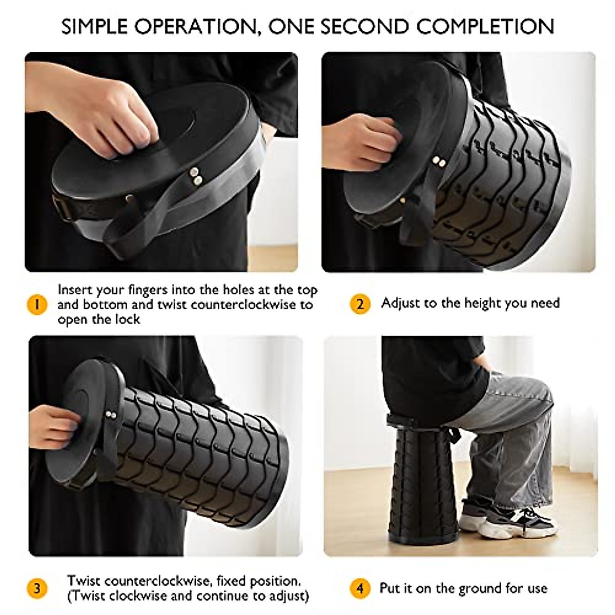 LOOVIU Portable Telescoping Stool, Camping Retractable Folding Stool with Carry Strap, Adjustable Height Plastic Stools for Camping Fishing Hiking BBQ Outdoor (Black)