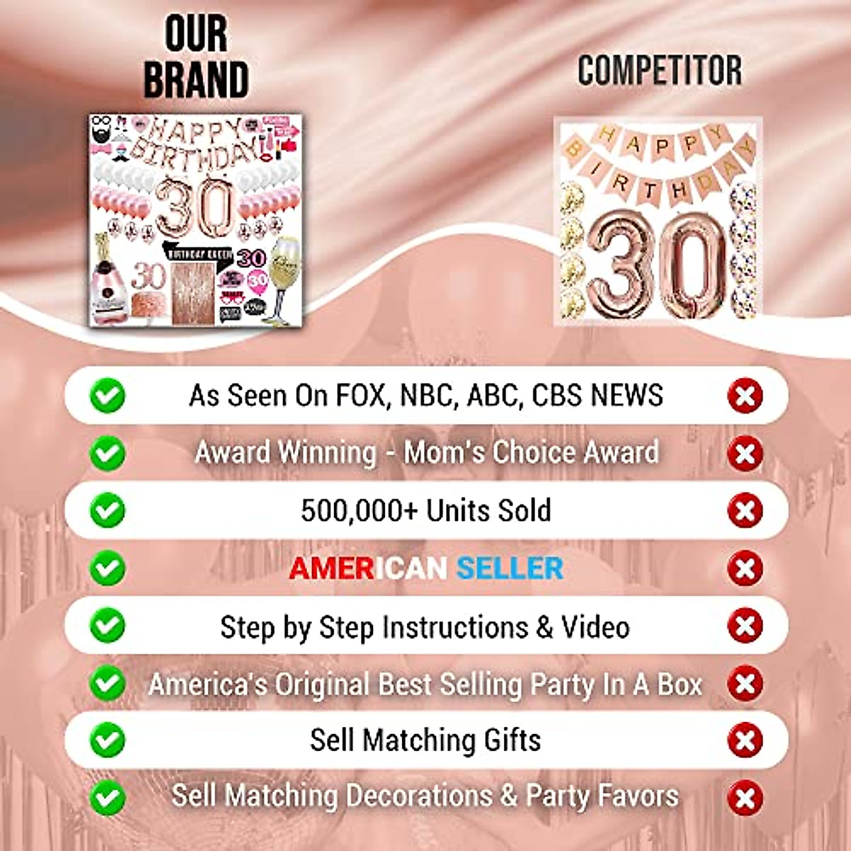 30th Birthday Decorations For Women (75 Pk) Rose Gold Dirty 30 Birthday Decorations For Her, Party Photo Backdrop, Sash, Happy Birthday Banner, Cake Topper, Balloon, 30th Birthday Gifts For Her Girls