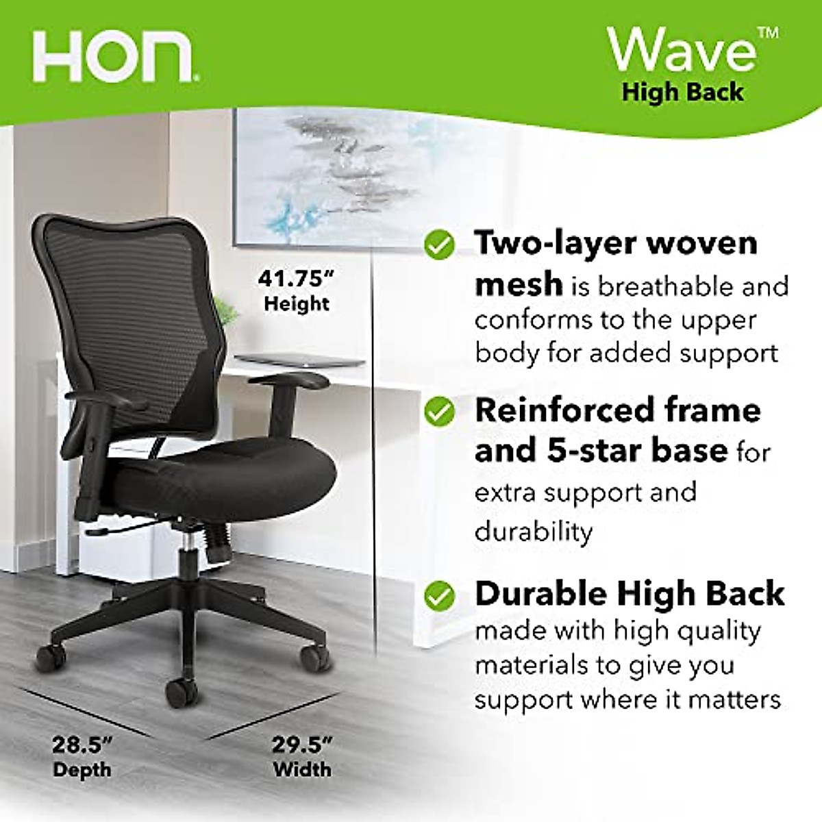 HON Wave Office Chair High Back Mesh Ergonomic Computer Desk Chair - Adjustable Arms & Pneumatic Seat Height, Synchro-Tilt Tension Lock Recline, Comfortable Cushion, 360 Swivel Rolling Wheels - Black