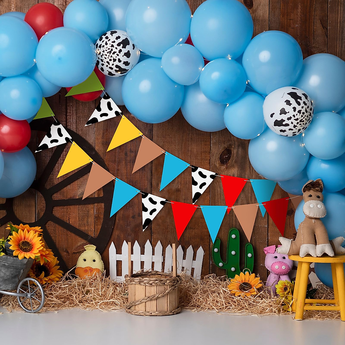 Smoothnovelty 45 ft Cartoon Story Party Decorations Red Blue Yellow Toy Themed Birthday Banner Flags Cloud and Cow Print Rainbow Triangle Pennant Flag Garland for Baby Shower Party Decor