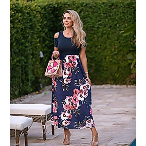 STYLEWORD Womens 2023 Fashion Summer Floral Wedding Guest Maxi Long Dress with Pocket Cold Shoulder Casual(Floral04,L)
