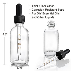 4 Pack 2 oz Glass Dropper Bottles with Measured Dropper - 60ml Dark Clear Tincture Bottles with Graduated Calibrated Glass Eye Droppers (1ml) for Essential Oils, Liquids - Leakproof Travel Bottles