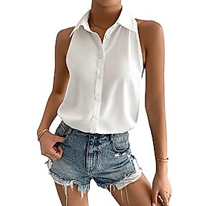 Verdusa Women's Casual Sleeveless Collar Button Down Shirt Blouse Top White S