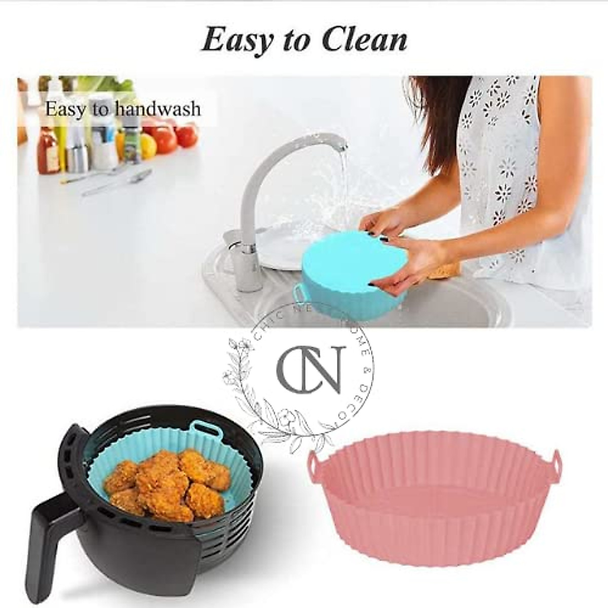 2 Pack Air Fryer Silicone Liners Pot for 3 to 5 QT, Air Fryer Silicone Basket Bowl, Replacement of Flammable Parchment Paper, Reusable Baking Tray Oven Accessories, Pink + Blue