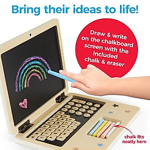 Wooden Computer Pretend Play Set - Pretend Laptop Toy for Kids, Toddlers - Montessori Learning Board for Kids (Ages 2-8) - 41 Magnetic Keys, Chalk Box, Portable Drawing & Writing Board | 11.5 x 8.5