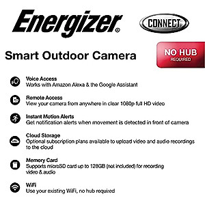 Energizer Connect Smart 1080p HD Certified Weatherproof Outdoor Camera with Remote Access, Motion Alerts, 2 Way Audio and Night Vision | Compatible with Alexa and Google Assistant
