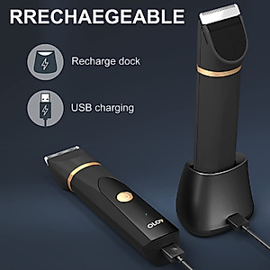 OLOV Electric Body Hair Trimmer for Men - Wet/Dry Body Shaver Groomer with 2 Repalcement Ceramic Blade, USB Recharge Dock & Nosetrimmer Head, Waterproof Male Hygiene Razor