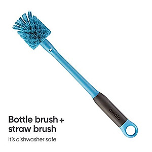 Owala FreeSip Insulated Stainless Steel Water Bottle with Straw for Sports and Travel, BPA-Free, 40-Ounce, Shy Marshmallow & 2-in-1 Water Bottle and Straw Cleaning Brush, Smokey Blue